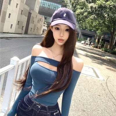 Chill巧儿漫感轮廓纯欲性感镂空设计一字肩修身T恤长袖上衣女