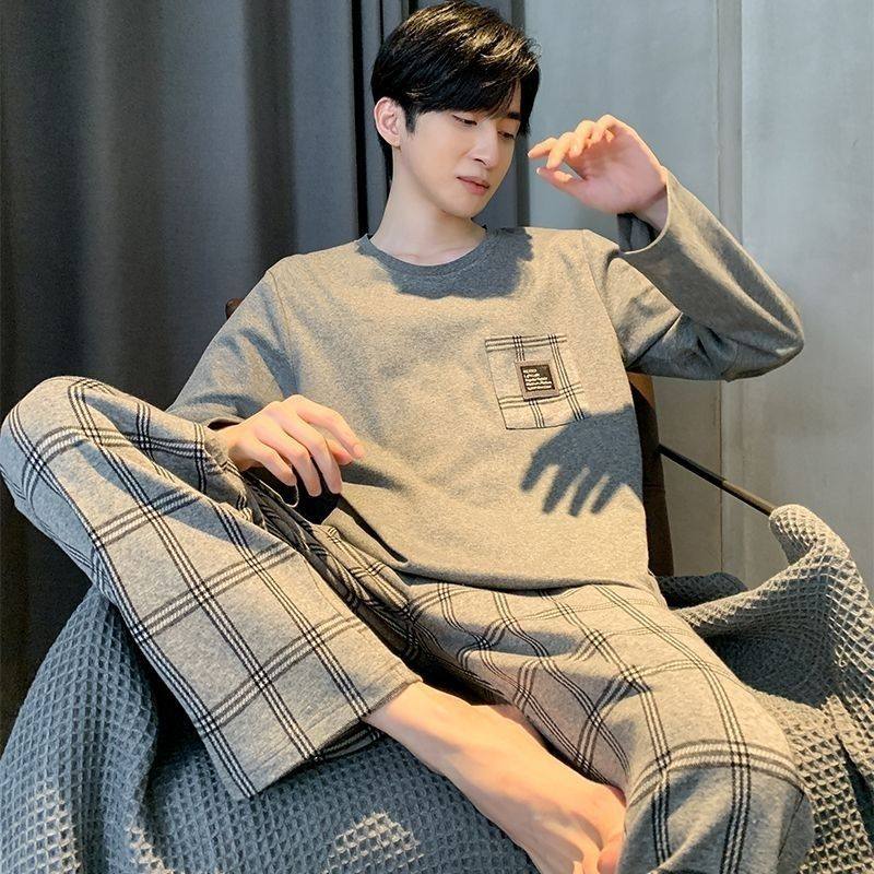 新款男士睡衣100%纯棉春秋季长袖宽松大码男睡衣夏全棉家居服套装