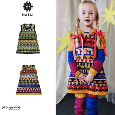 5ZShinyee▲mabli aw25秋冬女童复古针织提花背心裙连衣裙