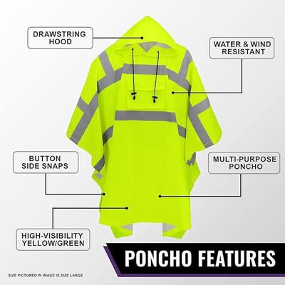 热销多功能高亮反光荧光黄雨披成人斗篷儿童ansiclass3rainponcho