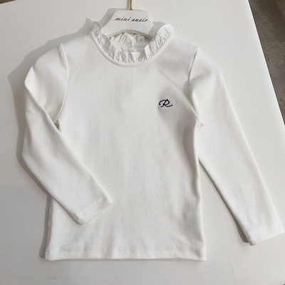 100-145韩系潮童RJ女童白色木耳领长袖套头打底衫T恤