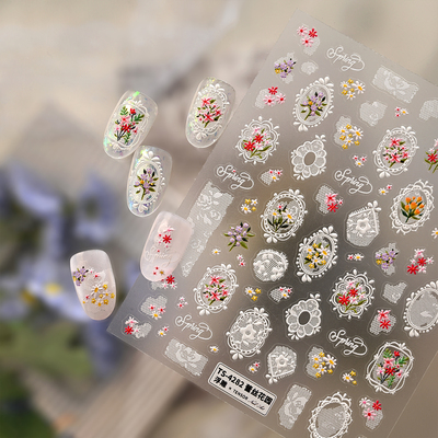 茉季蕾丝花园花朵立体浮雕美甲贴纸防水指甲贴装饰贴花饰品4282