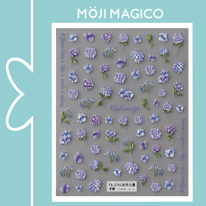 茉季蓝色绣球花立体浮雕美甲贴纸防水指甲贴装饰贴饰品2750 2751