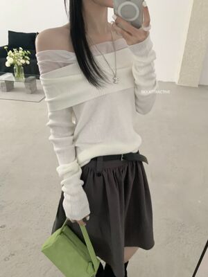sky韩系2026春新女显瘦一字肩蕾丝长袖针织衫上衣百搭毛衣打底衫
