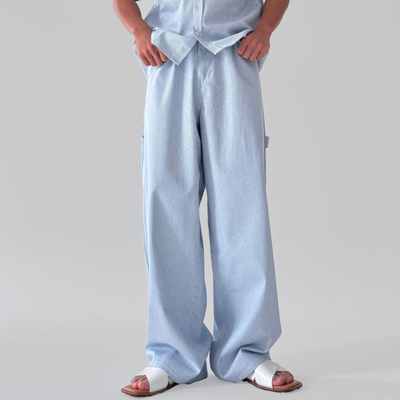 韩国代购条纹阔腿重工牛仔裤男