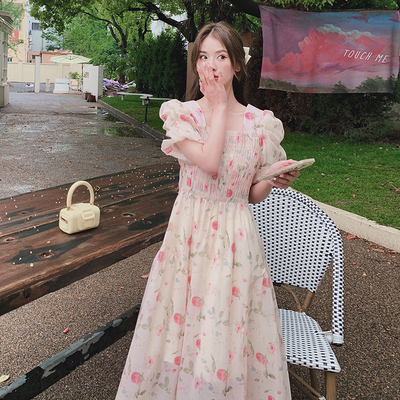 法式复古方领碎花连衣裙女2023年夏季新款2C318-8889--P115-K168