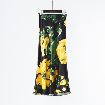 小重磅真丝缎面印花鱼尾半裙