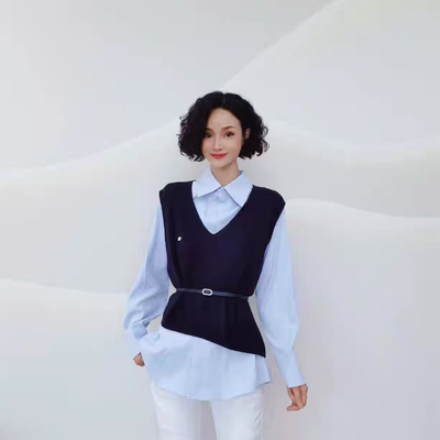 8028 春秋款时尚系带收腰设计感不对称马甲长袖衬衫两件套上衣