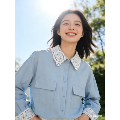 8025 春秋款法式蕾丝拼接翻领百搭休闲宽松长袖衬衫