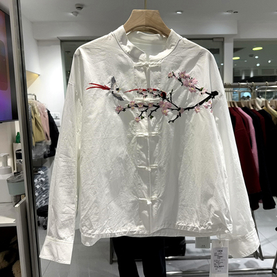 CZ26125 盘扣立领小鸟树枝刺绣花国风减龄短装衬衫上衣欧货春装女