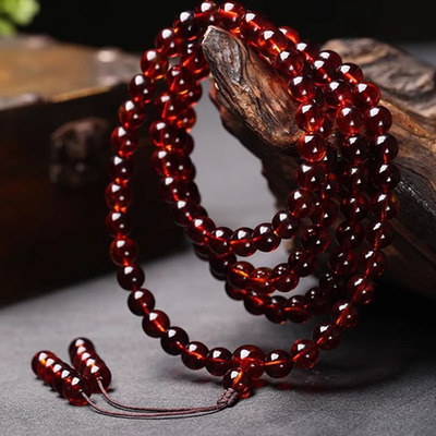 精选缅甸血丝珀108颗佛珠项链多圈男女圆珠手链天然蜜蜡挂链礼物