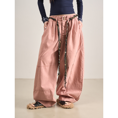 LANVIVIER 世界民族 折叠腰解构拼接阔腿弯刀裤 橡皮粉阔腿牛仔裤