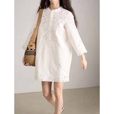 镂空刺绣纯白亚麻衬衫裙