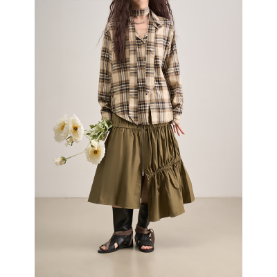 LANVIVIER 浪漫随性少女飘带领巾装饰宽松咖色系格纹衬衫女26新款