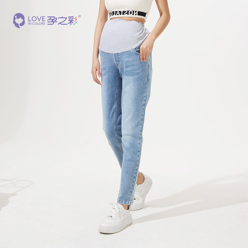 孕之彩孕妇牛仔裤春秋高弹面料时尚磨砂洗白修身显瘦可调节铅笔裤