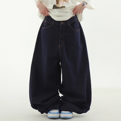 韩国设计师代购深蓝宽松牛仔裤