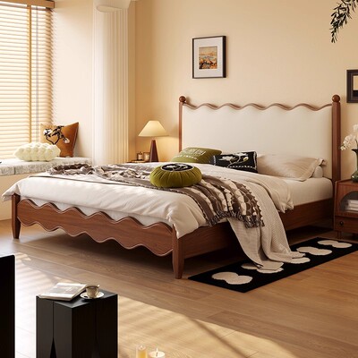 法式复古主卧双人实木床波浪涟漪中古风软包床1米5小户型1米8婚床