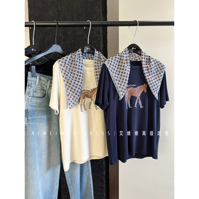 波点小丝巾搭配～趣味卡通印花刺绣字母 休闲短袖T恤女夏季新款