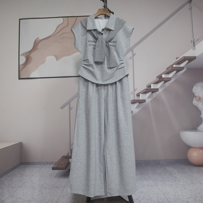 夏季简约休闲短袖阔腿裤套装女