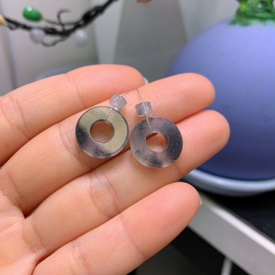 缅甸天然翡翠A货冰乌鸡甜甜圈一对A819#