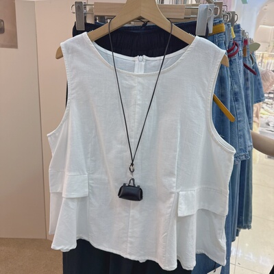 韩系设计感时尚气质圆领无袖棉麻衬衫女配挂饰休闲风宽松上衣0229