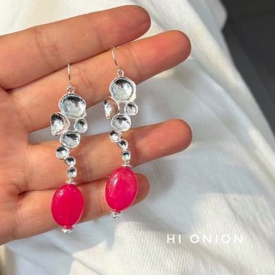 HiOnion玫红色镀银长款耳环小众复古耳夹新中式国风春节耳饰