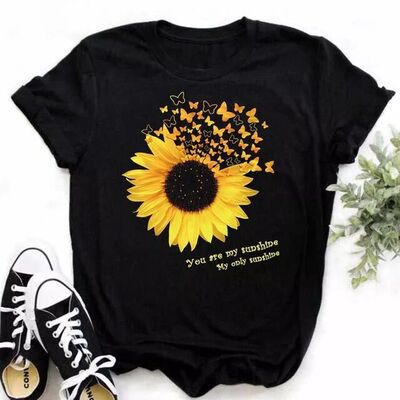 Sunflower T shirt 新款夏季女士黑色短袖时尚太阳花向日葵体恤衫
