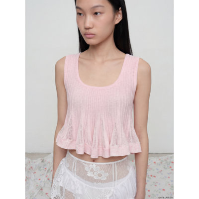 knits market 54B 荷叶边蕾丝感针织背心针织超短背心20S