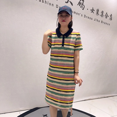 5179芮娜依莲夏款新品时尚洋气亮钻减龄条纹polo连衣裙加大码女装
