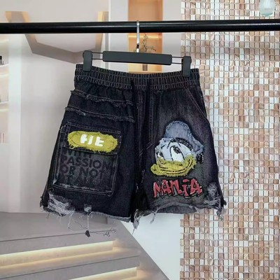 YBDW潮牌时尚重工刺绣米奇唐老鸭卡通宽松显瘦休闲裤短裤牛仔热裤