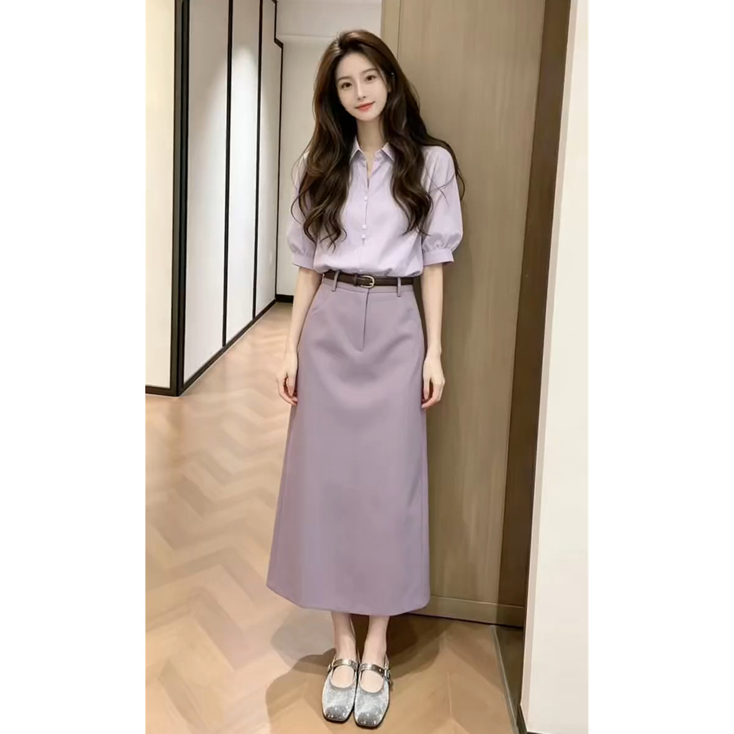 韩系穿搭一整套2026新款紫色短袖衬衫半身洋装子女夏季套装长裙