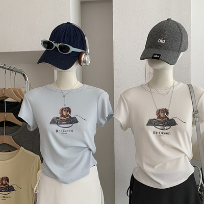 欧玛莱 小狗印花圆领短袖修身显瘦正肩套头T恤女夏季时尚上衣7247