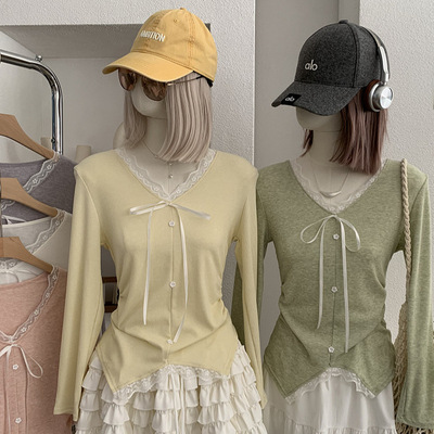 欧玛莱 蕾丝拼接V领开叉T恤女早春蝴蝶结系带内搭打底衫上衣 6644