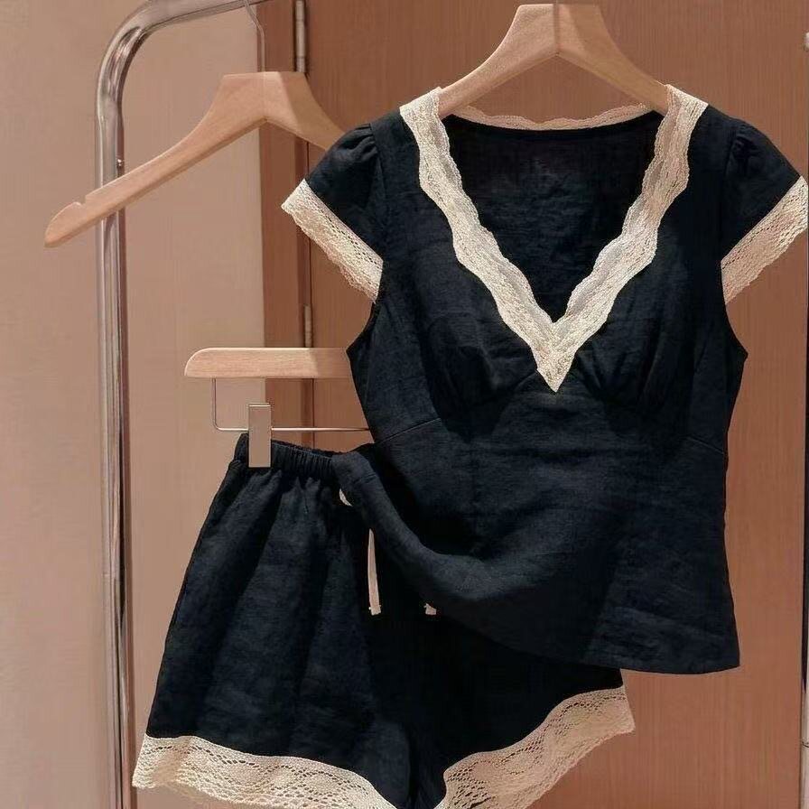 韩系复古黑色蕾丝拼接短袖睡衣女2026夏季新款大码短裤家居服套装