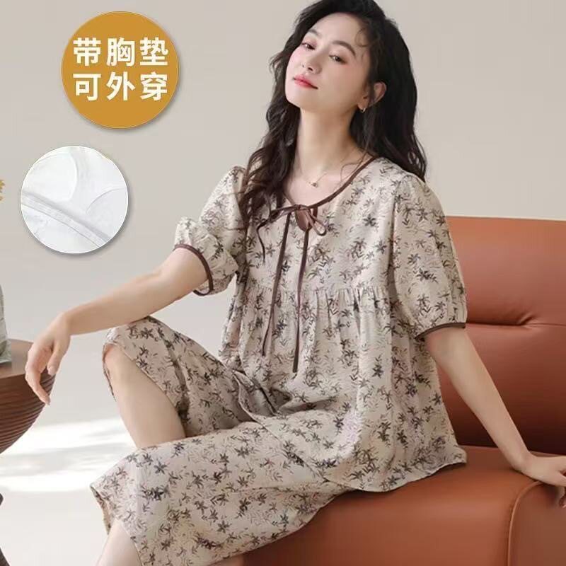 2025新款女士国风碎花睡衣薄款短袖七分裤套装宽松大码家居服夏季