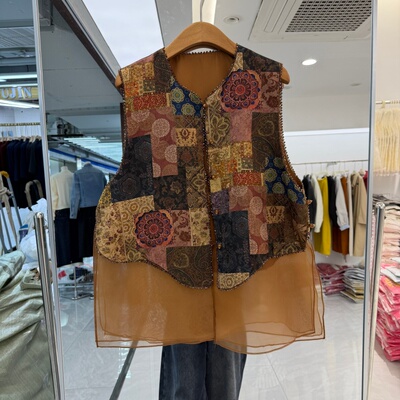 2026年夏装新款流行女装新中式马夹背心网纱拼接下摆复古花色国风