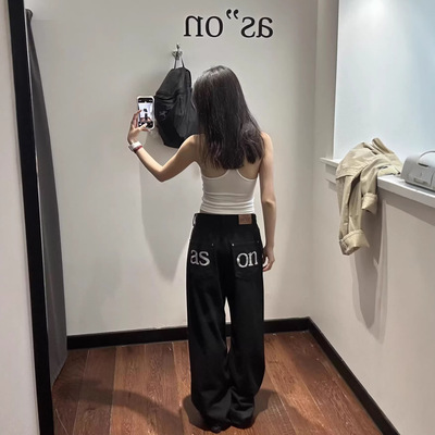 韩国小众26新款aso*口袋字母刺绣牛仔裤宽松直筒显瘦高腰长裤女