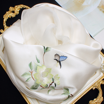 白色百搭刺绣防晒轻薄纱滩长丝巾