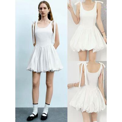 优质棉拼接花苞吊带收腰连衣裙