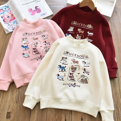 重工绣女童一体绒卡通刺绣红卫衣中大儿童加厚保暖上衣秋冬新年款