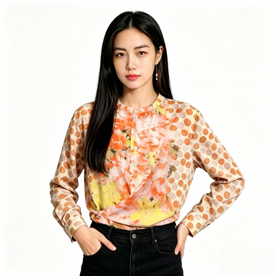 橘黄花艺圆领真丝上衣 宽松肌理感干丝砂洗袖宽松弛筋骨真丝衬衫