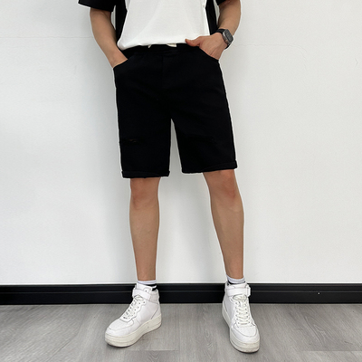 破洞牛仔短裤男弹力腰头