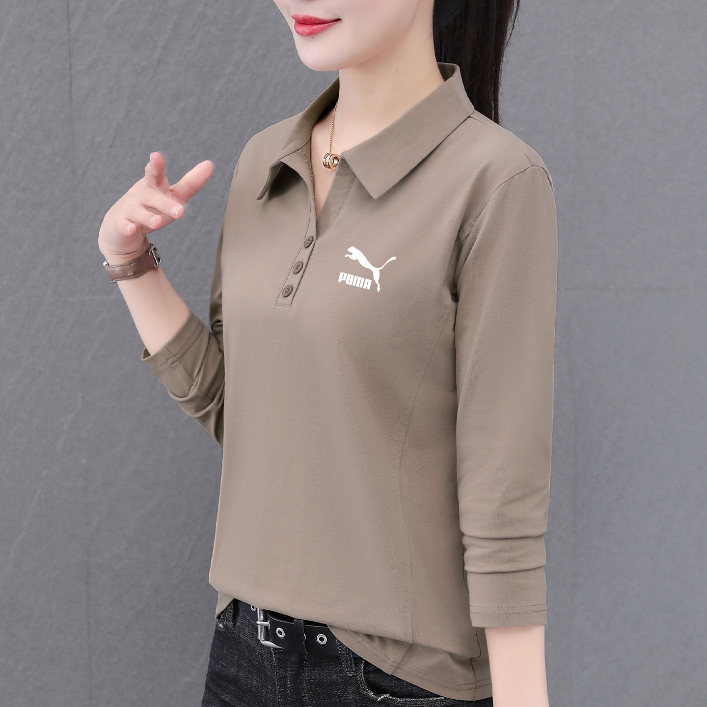 奥莱专柜休闲长袖t恤女春秋季新款POLO衫大码宽松纯棉翻领上衣T