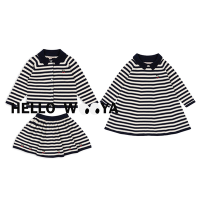 女童黑白条纹樱桃针织毛衣套装