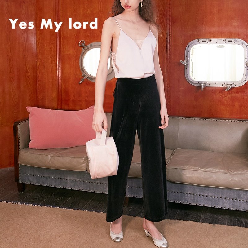 YesMyLord金丝绒裤子女黑色阔腿欧美修身气质时尚百搭款舒适ins