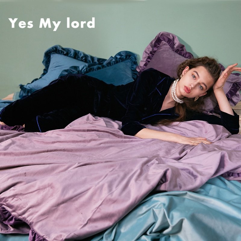 YesMyLord丝绒床上三件套法式花边盖毯木耳边枕套原创ins小众设计