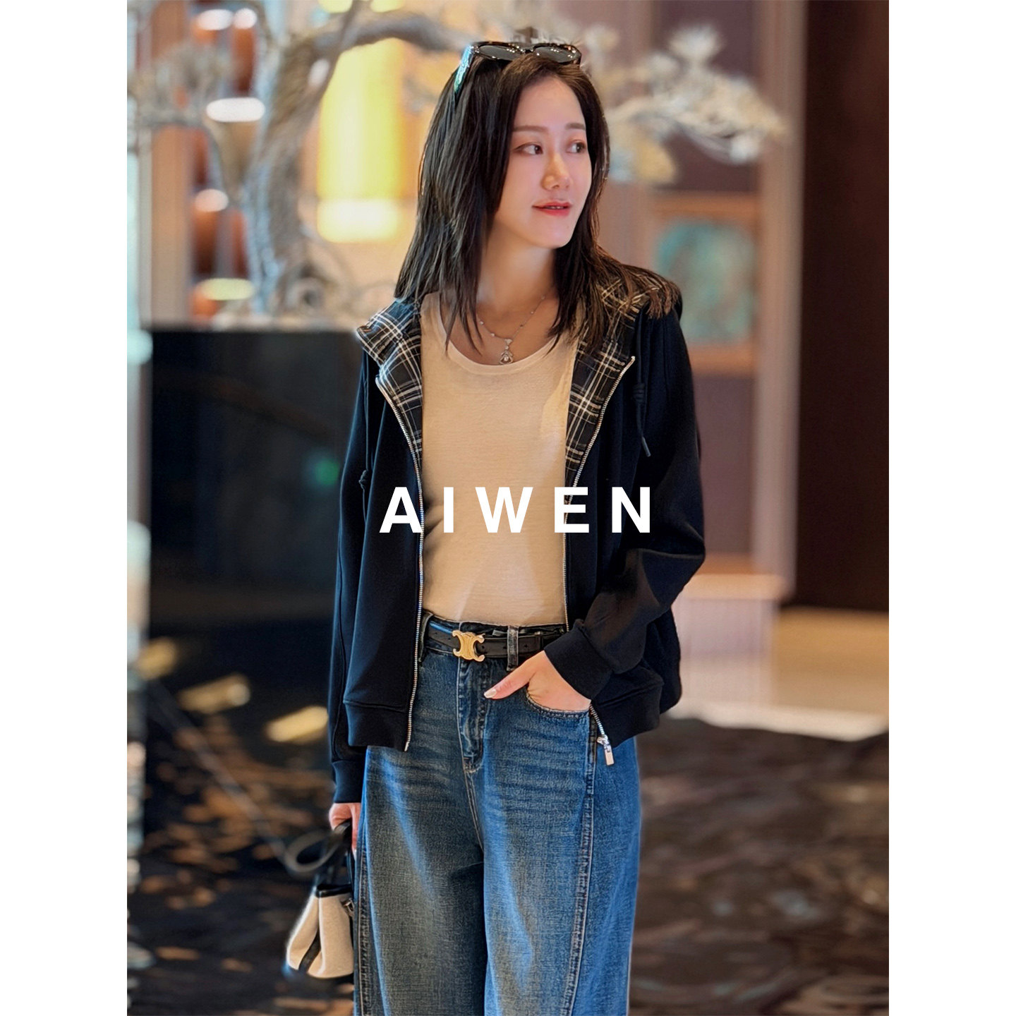 【AIWEN/艾芠】秋季新款格纹连帽拉链休闲宽松卫衣女HE-Q60521