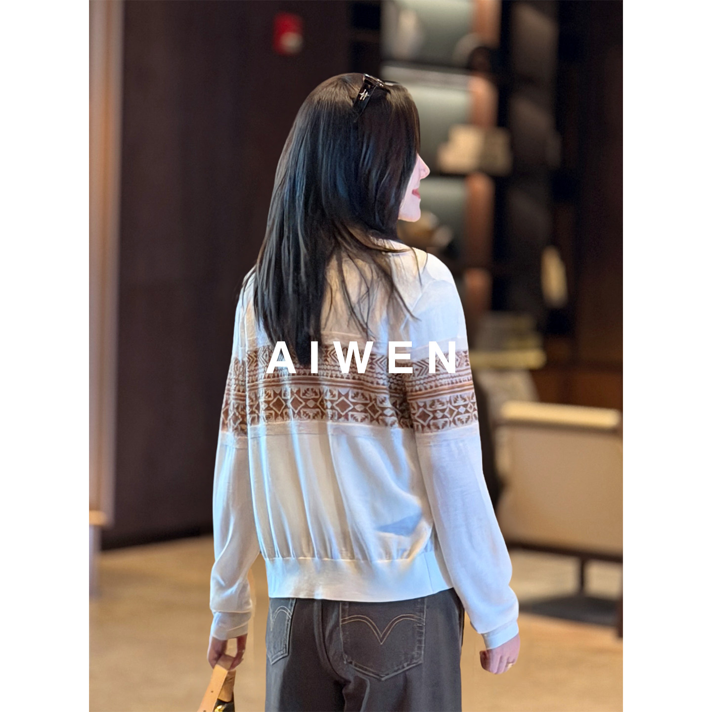 【AIWEN/艾芠】绵羊毛圆领复古提花羊绒针织开衫女LP-Q60513