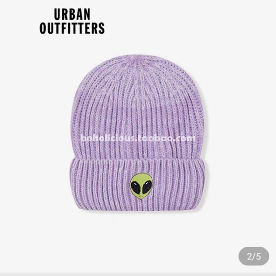 美国UrbanOutfitters UO官网 薰衣草色外星人刺绣 毛线针织帽冷帽