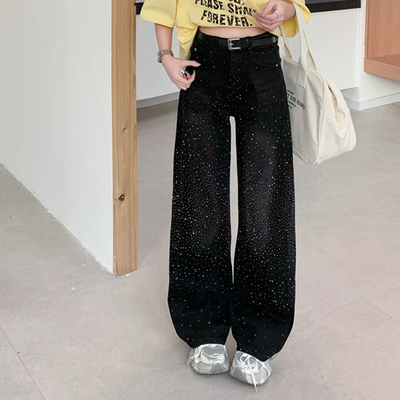 满天星亮钻高腰阔腿牛仔裤女
